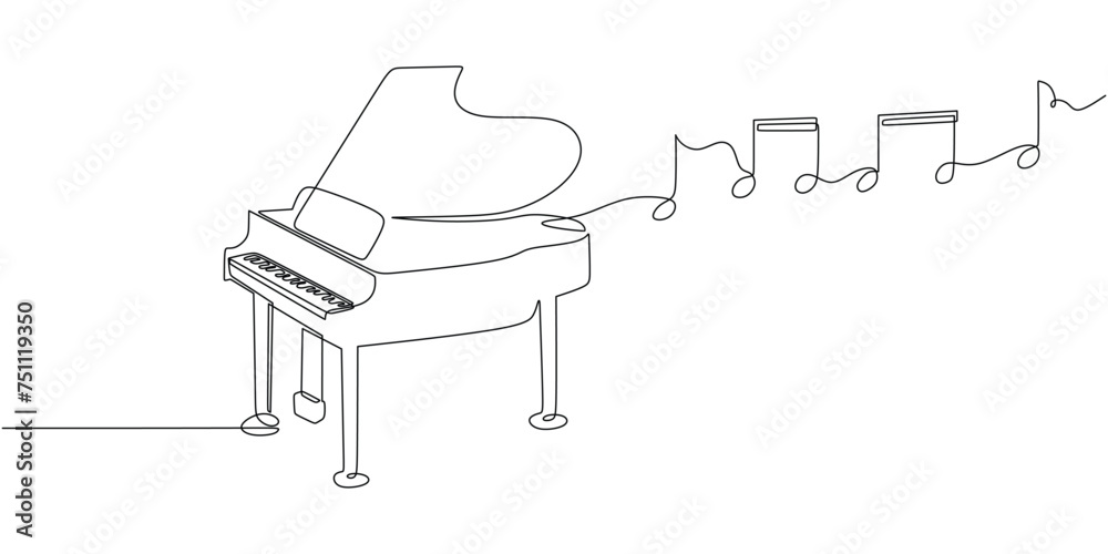 Classic piano with music notes tone one line art drawing. Music ...