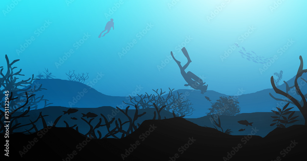 Two Scuba Divers Exploring the Underwater Beauty - Beautiful 2D ...