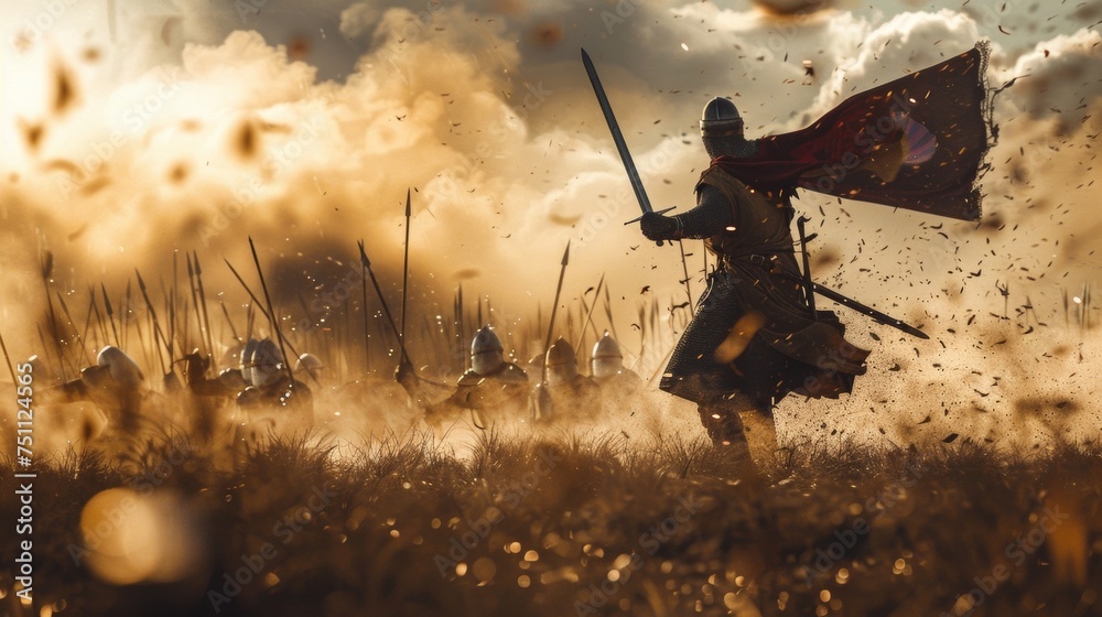 A courageous infantryman charges forward in battle his sword raised ...