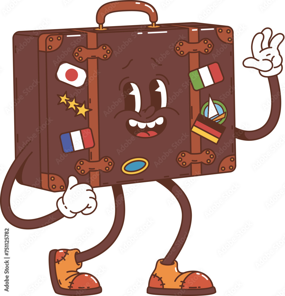 Cartoon luggage suitcase groovy character, retro travel baggage ...