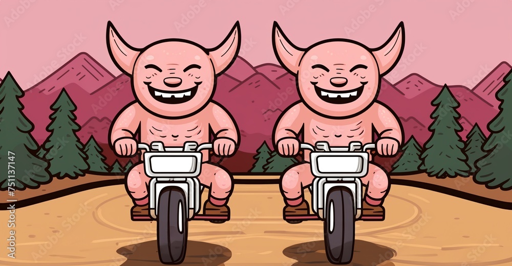 A smiling imp riding on the back of a pink devil both exuding a playful ...