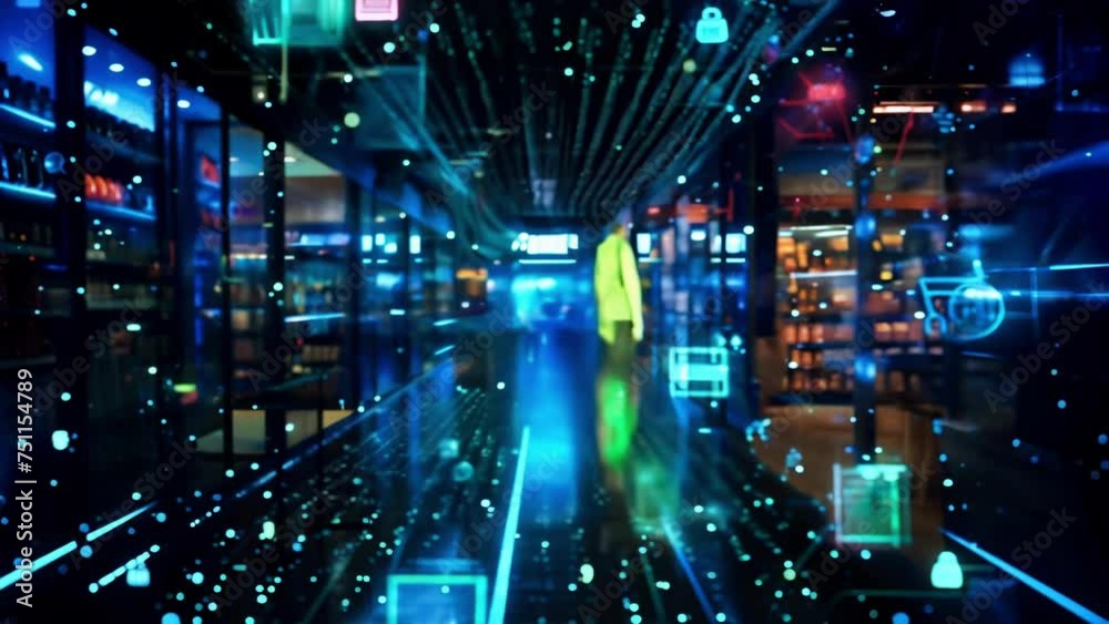 A projected holographic image of a retail store layout highlighting ...