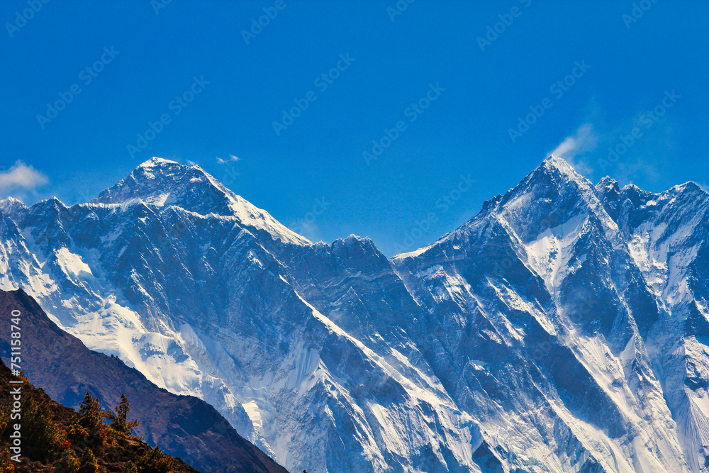 Mount Everest, Nuptse jagged ridge and Lhotse summit visible in this ...