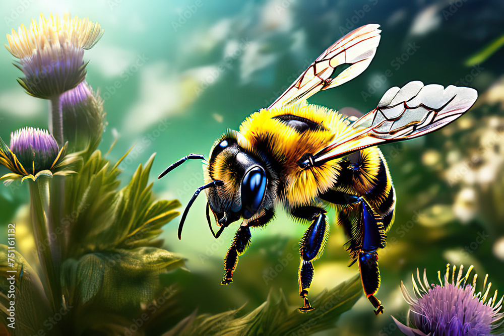 Large earth bumblebee (Bombus terrestris) in flight at the flower of a ...