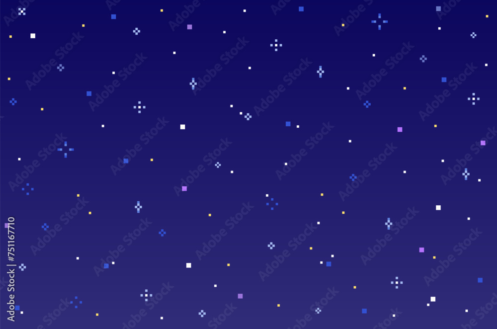 Pixel art night sky. Retro 8-bit game evening background with stars. Flat halftone pattern for ...