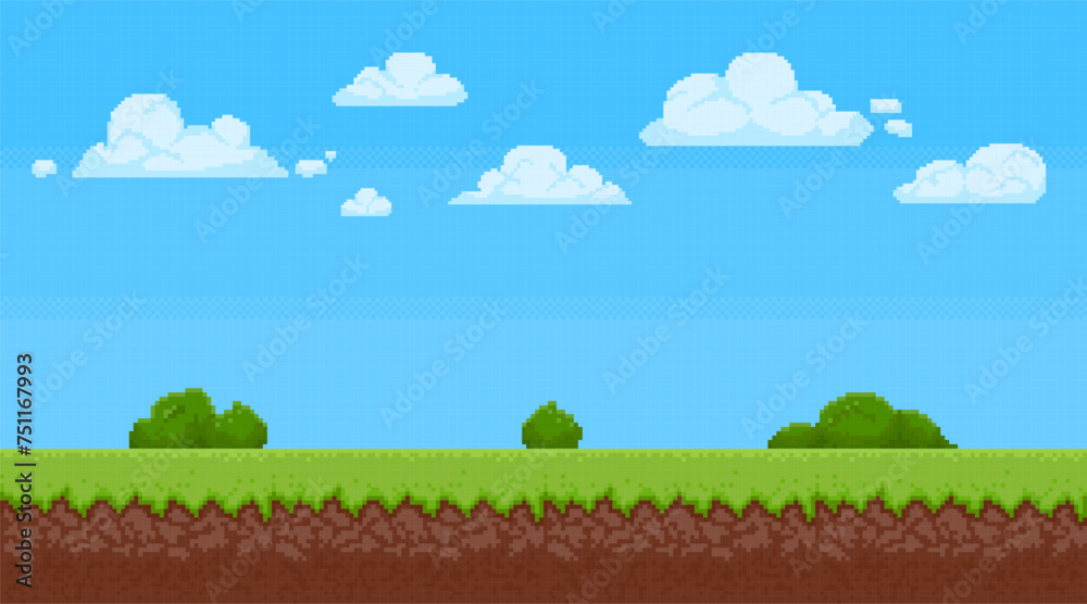 Pixel art landscape. Game background with blue sky, clouds and grass ...