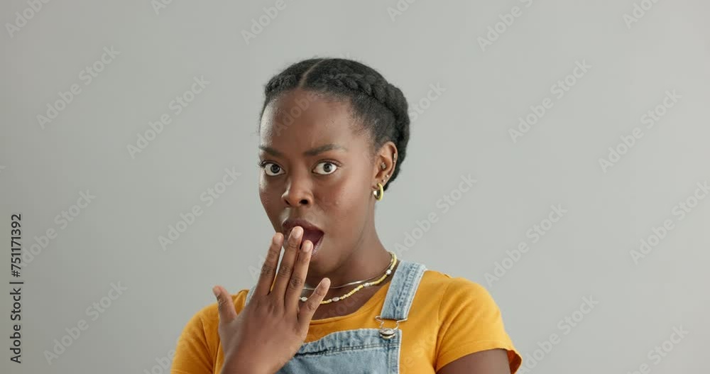 Face, surprise and black woman with omg, shocked and announcement on a ...