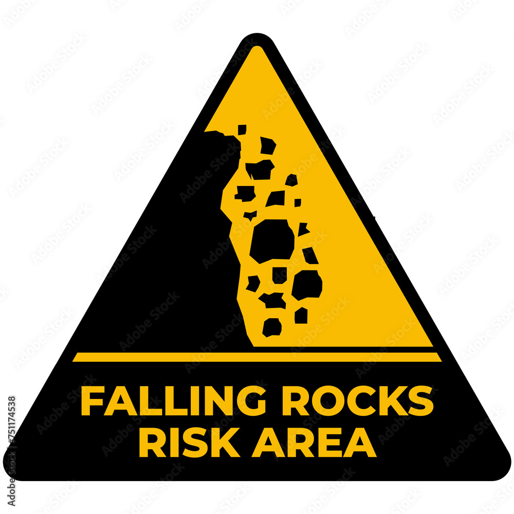 Falling rock warning sign and labels. Yellow and black silhouette ...