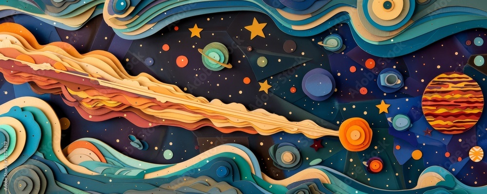 A vibrant paper cutout scene of a comet streaking past planets each ...