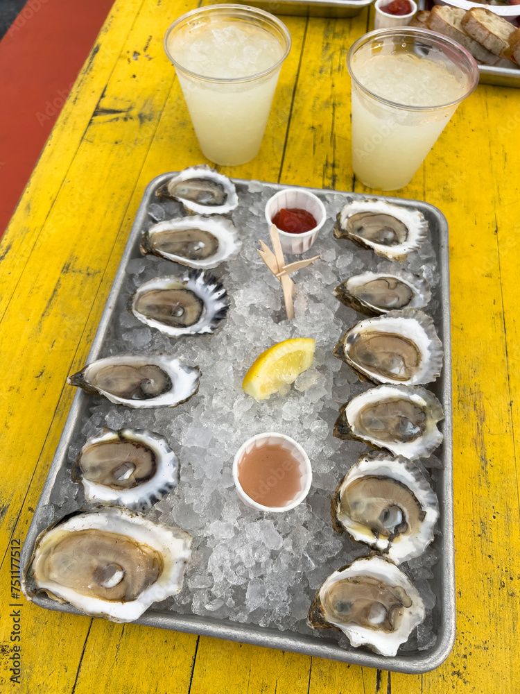 Fresh Shucked oyster seafood on tray with tequila margarita drink Stock ...