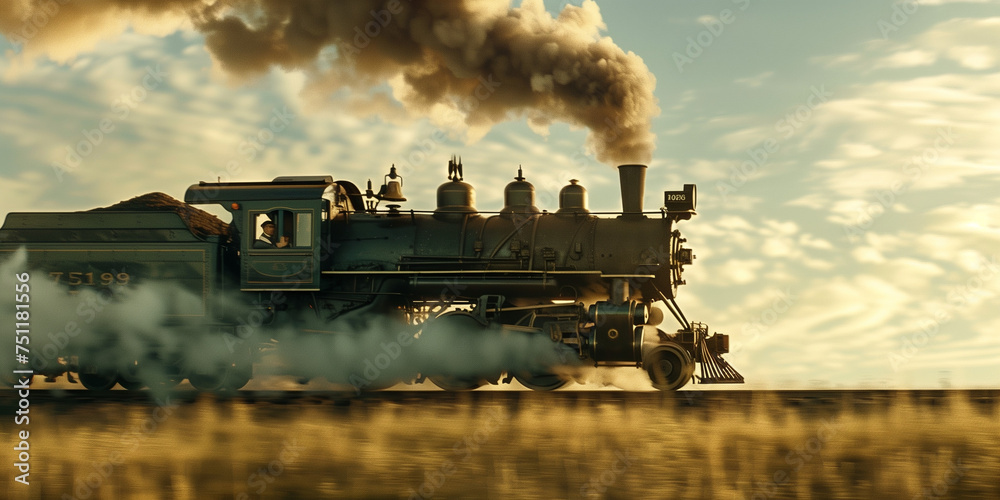 A side view captures a steam engine train speeding along train tracks ...