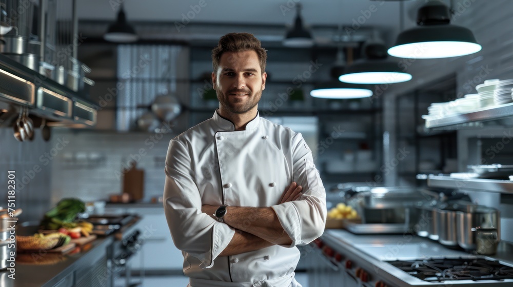 Famous Professional Chef of a Big Restaurant Crosses Arms and happy in ...