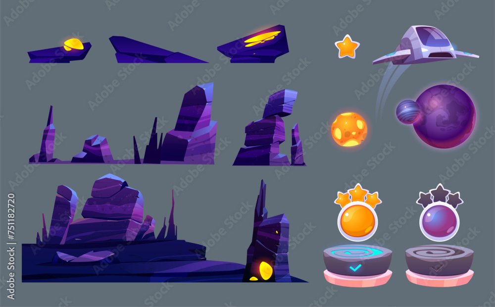 Outer space game level ui design creation kit. Cartoon set of 2d ...