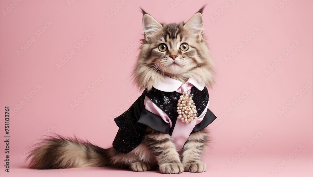 A majestic Maine Coon cat poses in a stylish black suit with a pearl ...