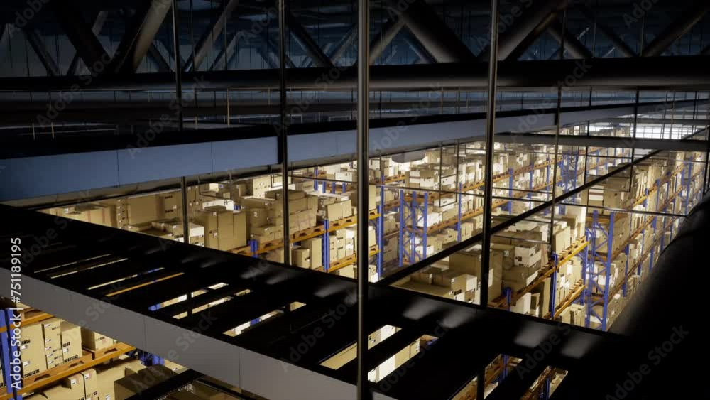 Vast storage building full of products placed on industrial racks with ...