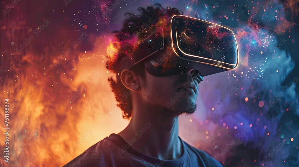 A person engrossed in a virtual reality experience, with cosmic imagery ...