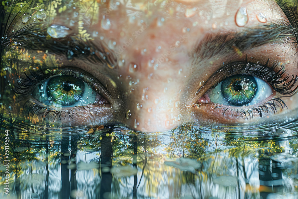 Surreal fusion of human face and forest landscape, eyes mirroring a ...