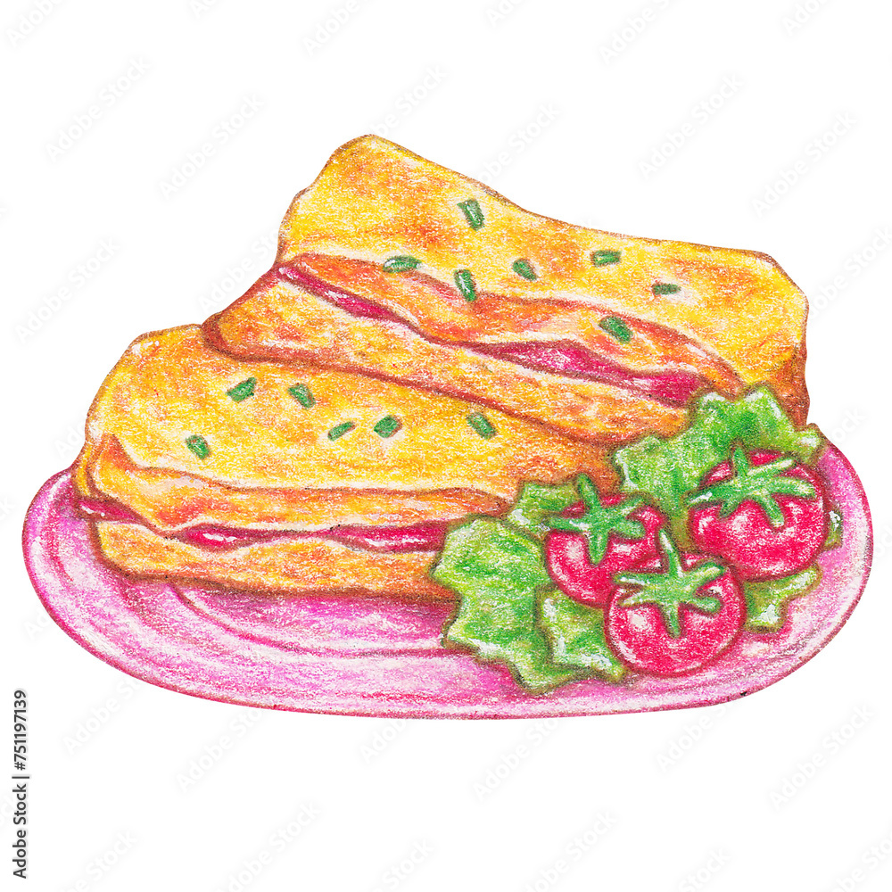 croque monsieur color pencil drawing style, bread and cheese combos ...