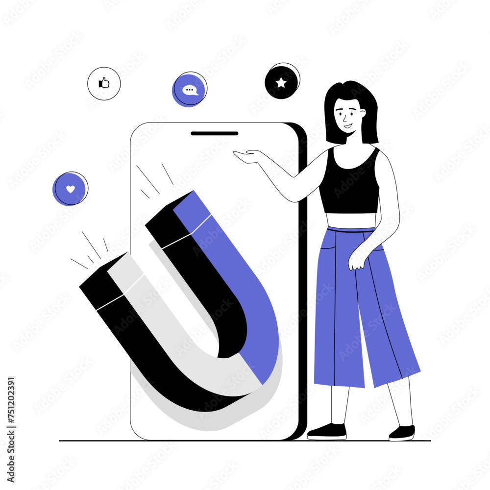 Inbound marketing concept. Woman attracting clients, new leads with ...