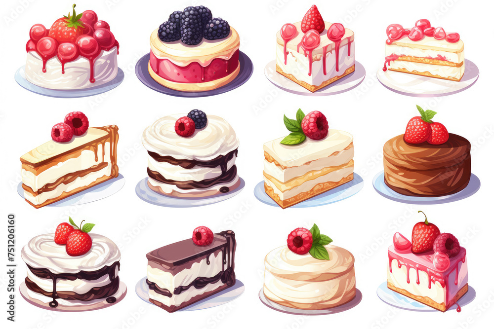 simple vector of assorted dessert cakes with detailed fruit and cream ...