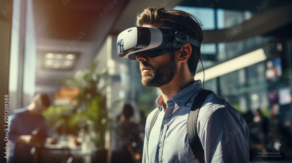 handsome young professional male office worker wearing a small VR ...