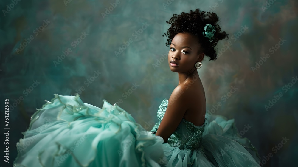 Elegant woman in turquoise dress poses gracefully, captured in soft ...