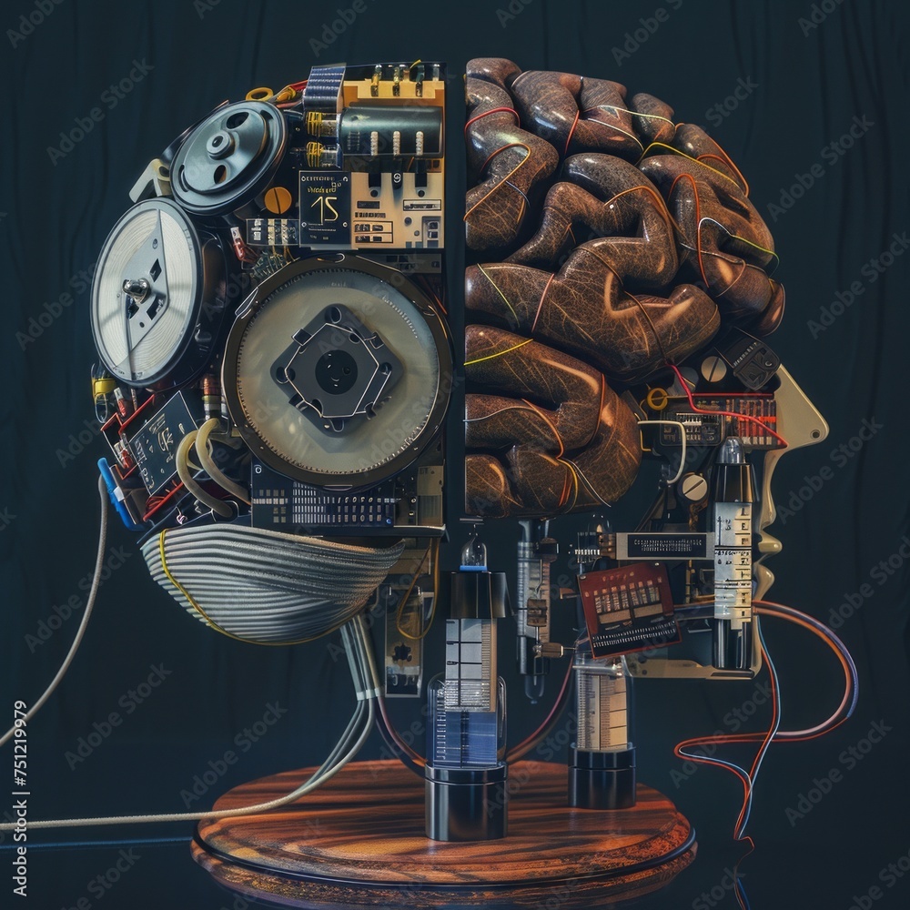 A conceptual art piece combining a wooden brain structure with retro ...
