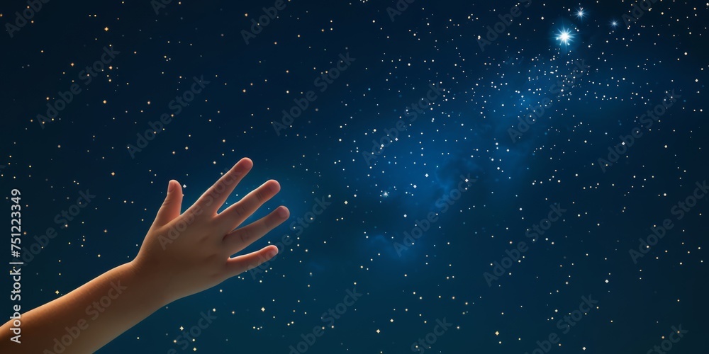 A child's hand reaching out to touch a star in a night sky, leaving ...