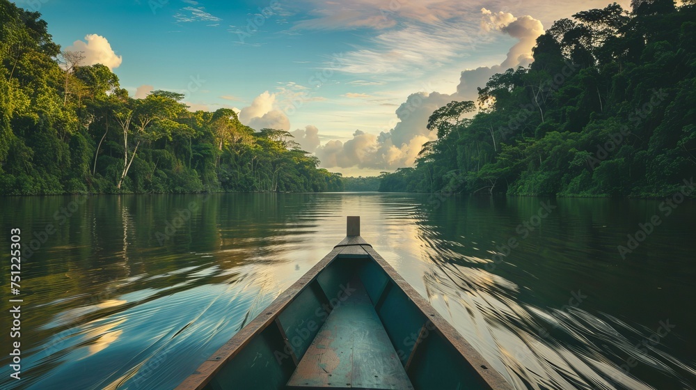 Boating down the Amazon River, with the dense rainforest on either side ...