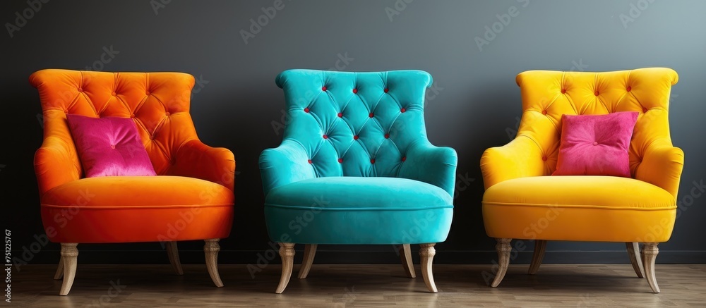 A linear arrangement of chairs in various vibrant colors placed side by ...