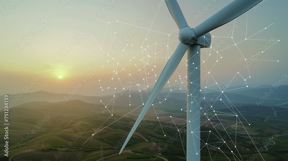 Wind power plant and technology. Smart grid. Renewable energy. Sustainable resources. smart ...