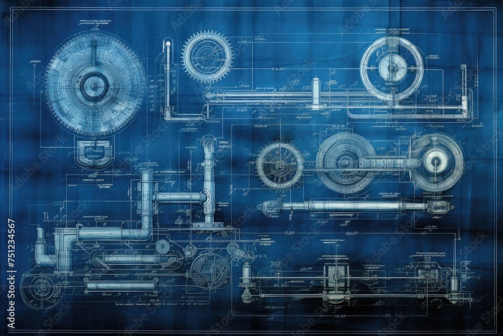 Vintage blueprint of a technical device or machinery. Drawing of a ...