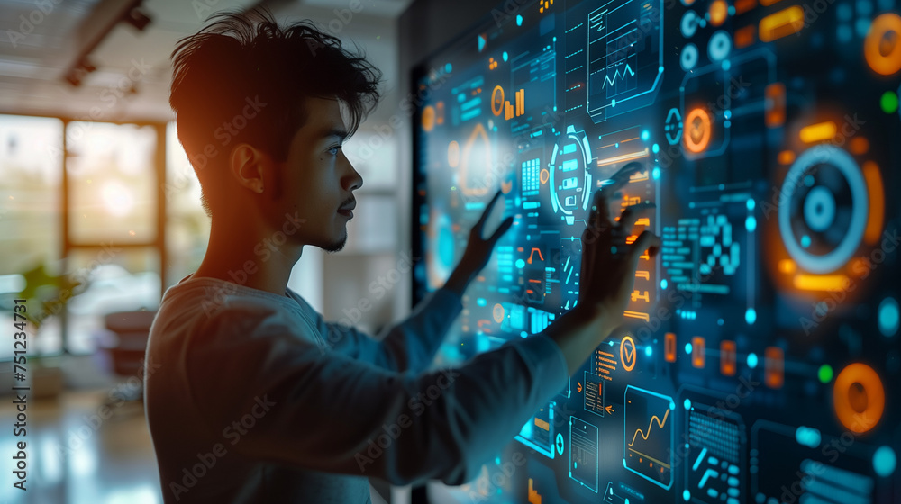 Digital transformation concept. System engineering. Binary code. Programming. a person touching ...