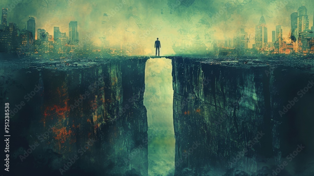 Hand drawn bridge over gap between two cliffs with businessman walking ...