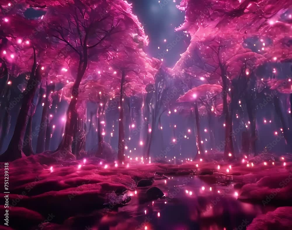 Enchanted red fantasy forest with floating glowing fairy lights ...