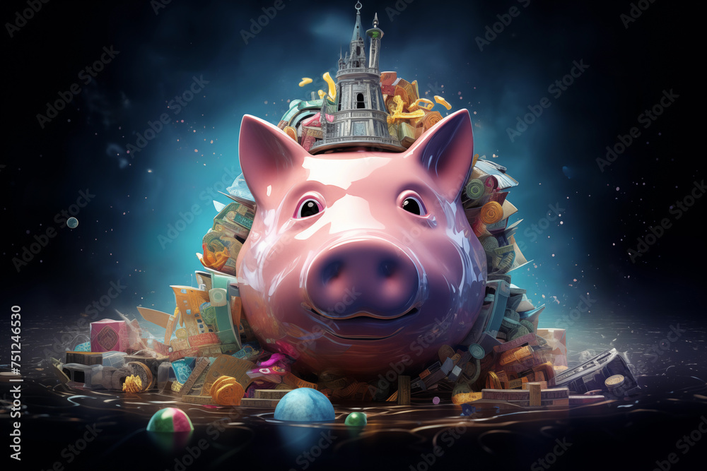 Whimsical digital illustration of a giant piggy bank surrounded by ...