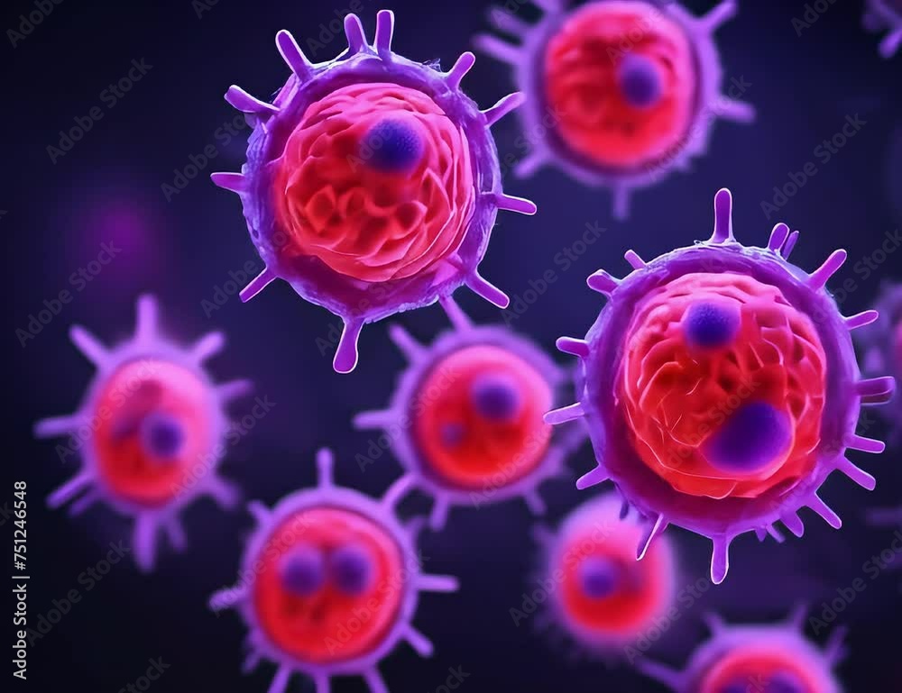 Viruses and leukocytes on a blur background under a microscope, Virus ...
