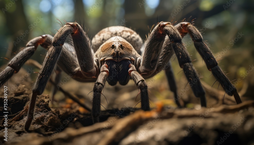 A close-up view of a Goliath Bird Eater Spider crawling on the ground ...