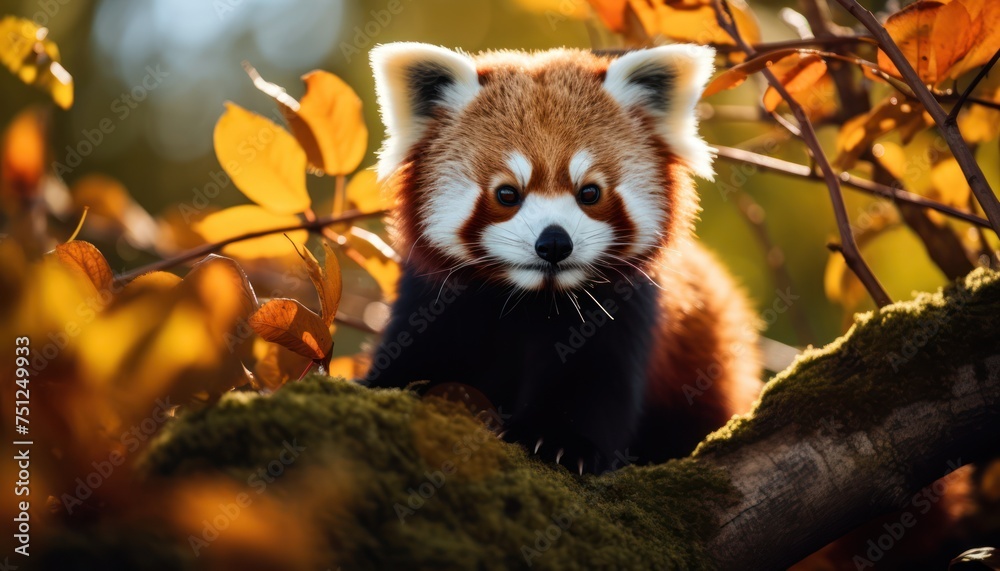 A red panda is perched comfortably on a tree branch, showcasing its ...