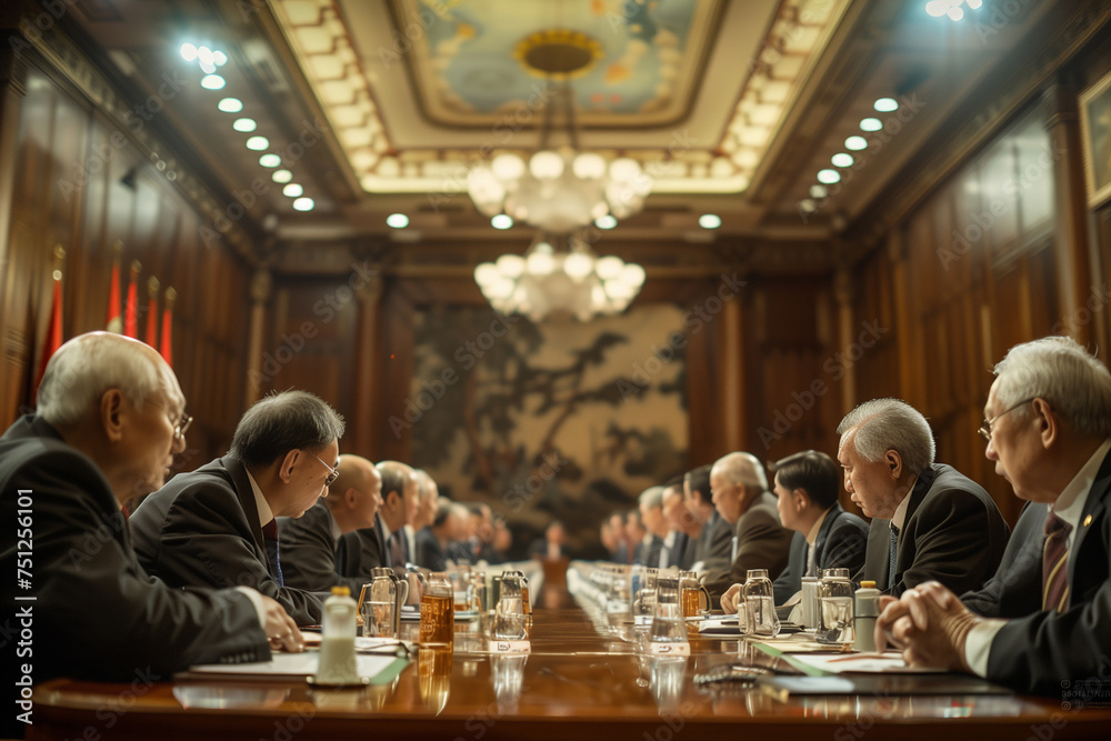 A diplomatic summit with leaders from conflicting nations at a ...