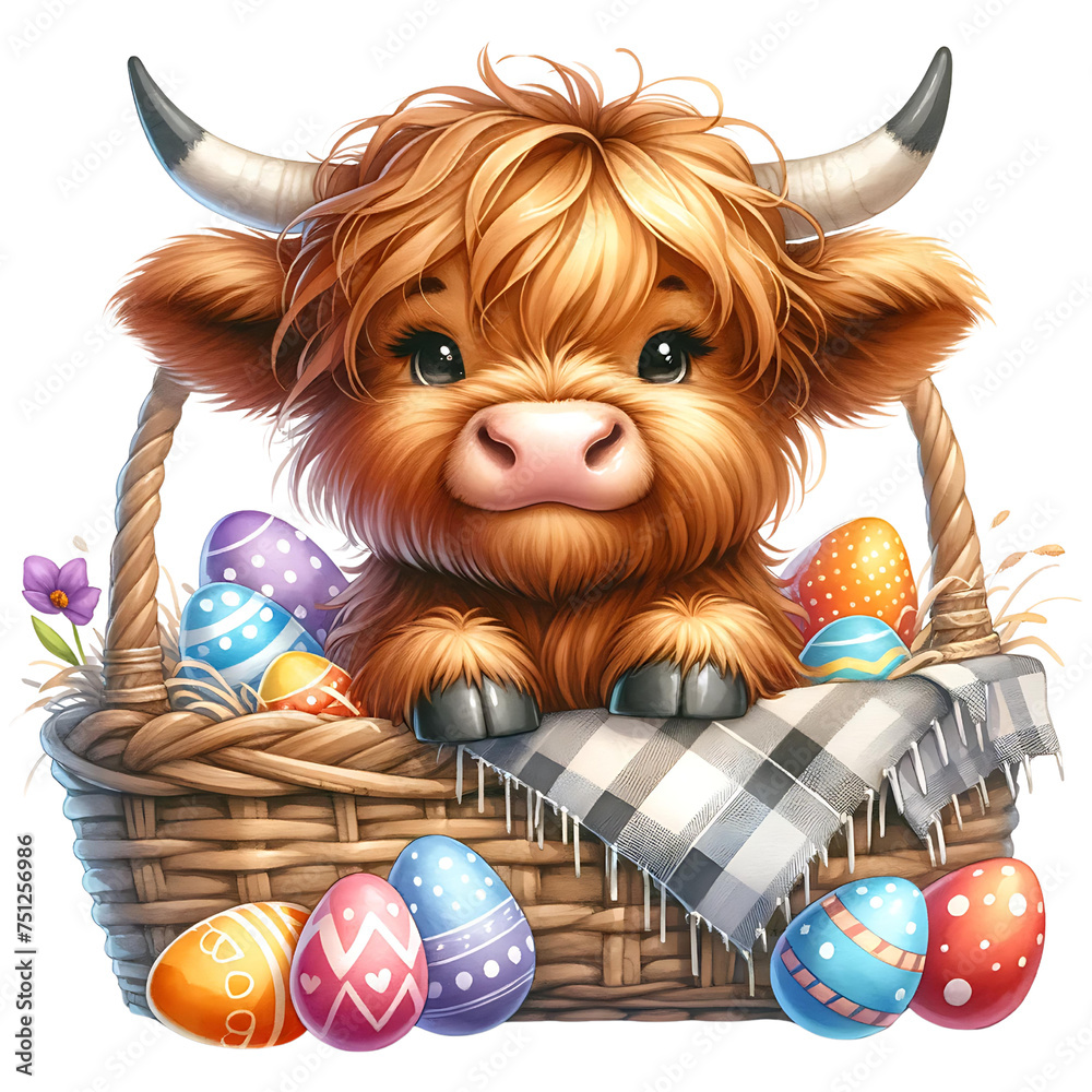 Easter Highland cow clipart, Baby Cow Clipart, Happy Easter Stock ...