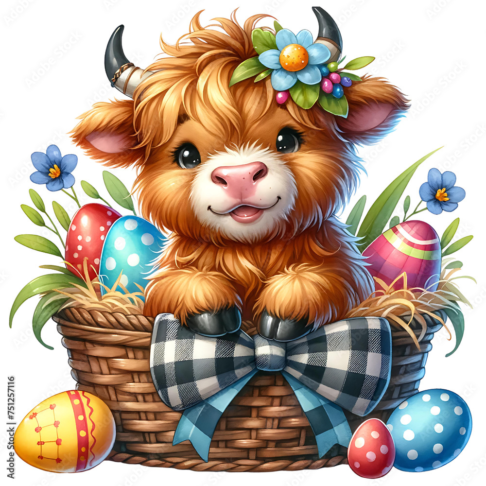 Easter Highland cow clipart, Baby Cow Clipart, Happy Easter Stock ...