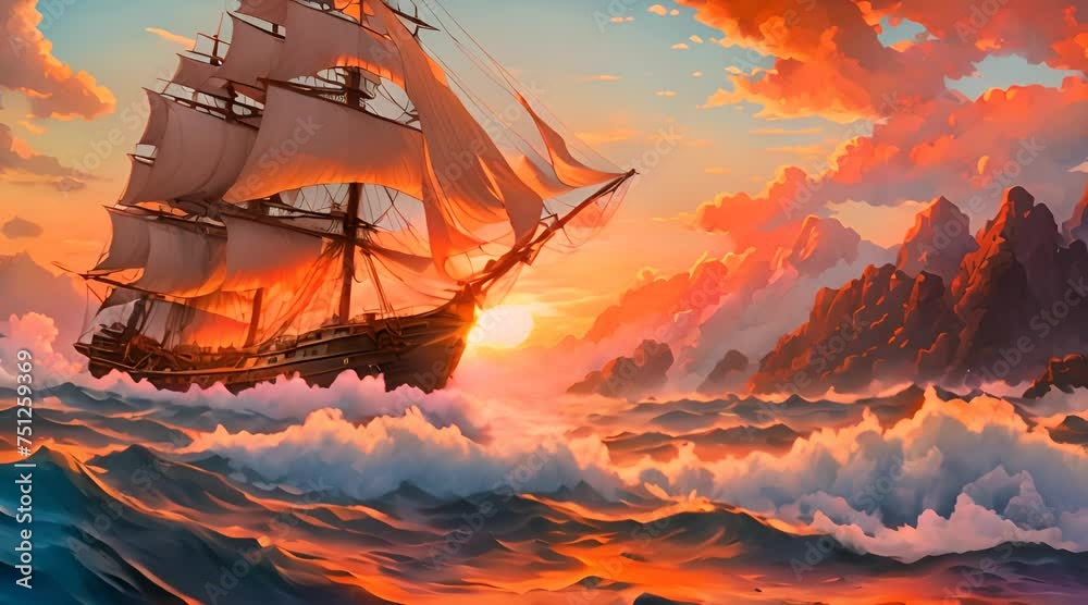 Abstract animation of two ships sailing on waves. Rough sea, lowered ...