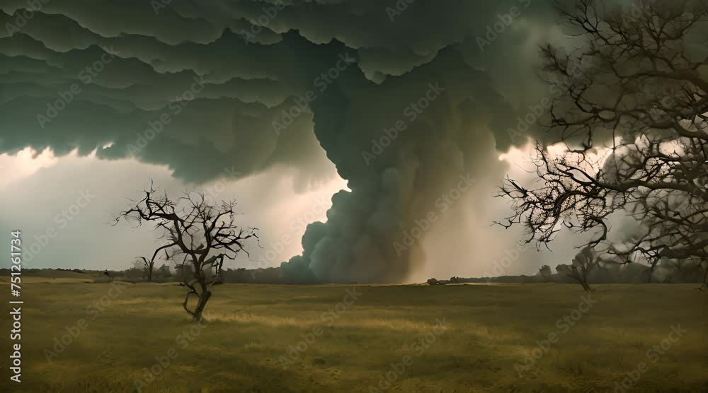 Abstract animation of a large tornado in a forest, a field covered with ...