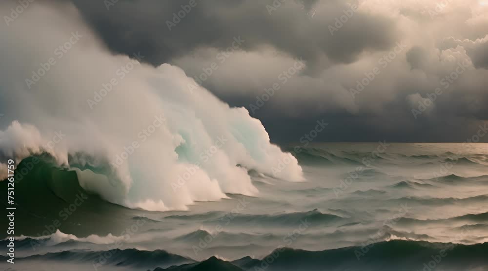Abstract animation of ocean, tsunami, cloudy weather, huge wave, rough ...
