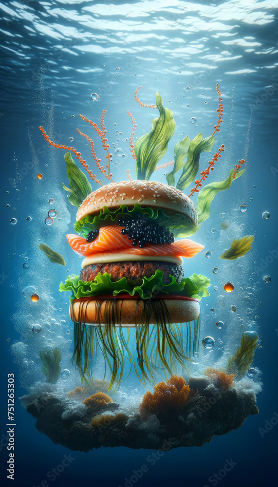Surreal Underwater Burger with Elements of Marine Life Stock ...