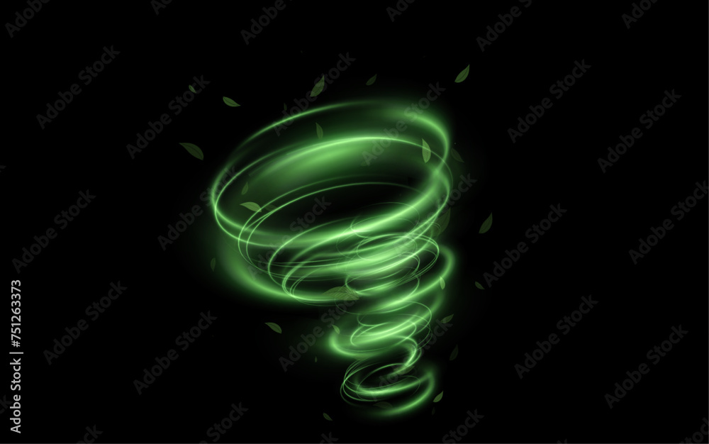 Fresh wind swirls with green leaves and glitter and neon green lines ...