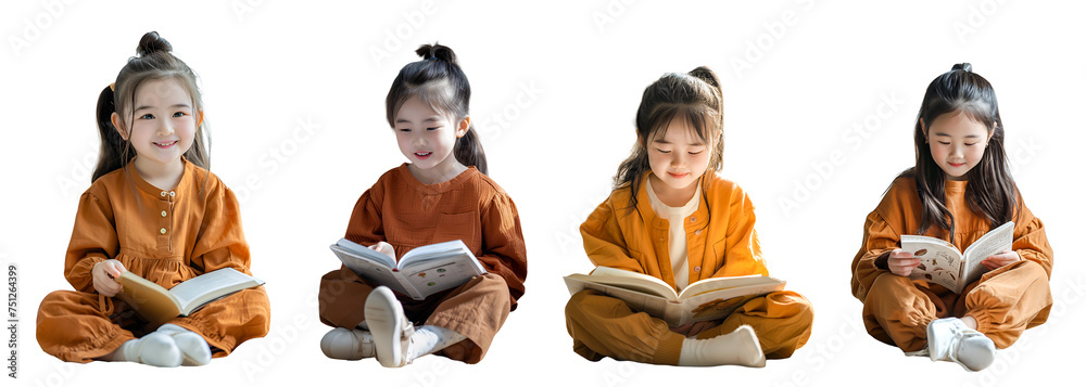 Little child girls reading a book on transparent Stock Illustration ...