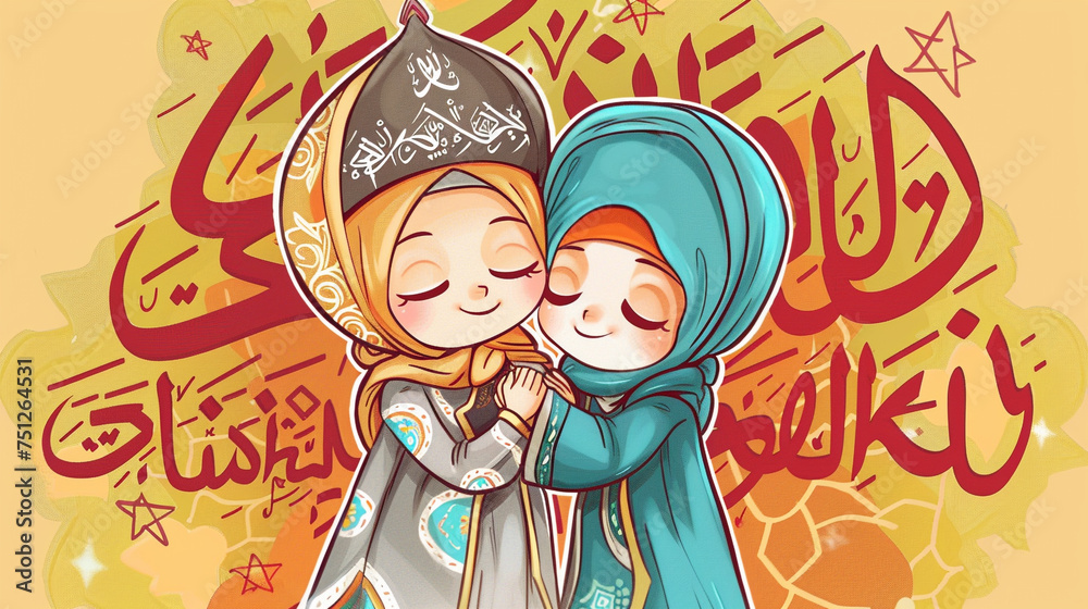 Two adorable cartoon characters wearing traditional Muslim attire ...
