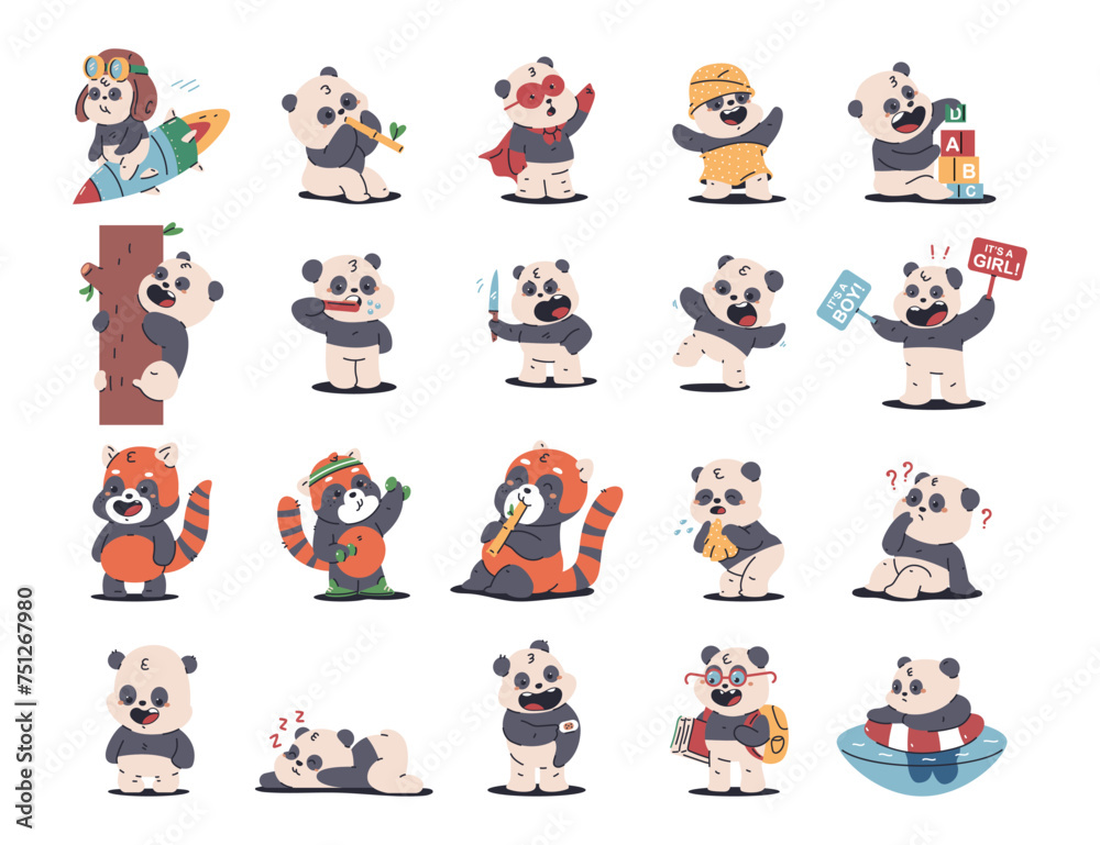 Cute baby pandas vector cartoon characters set isolated on a white ...